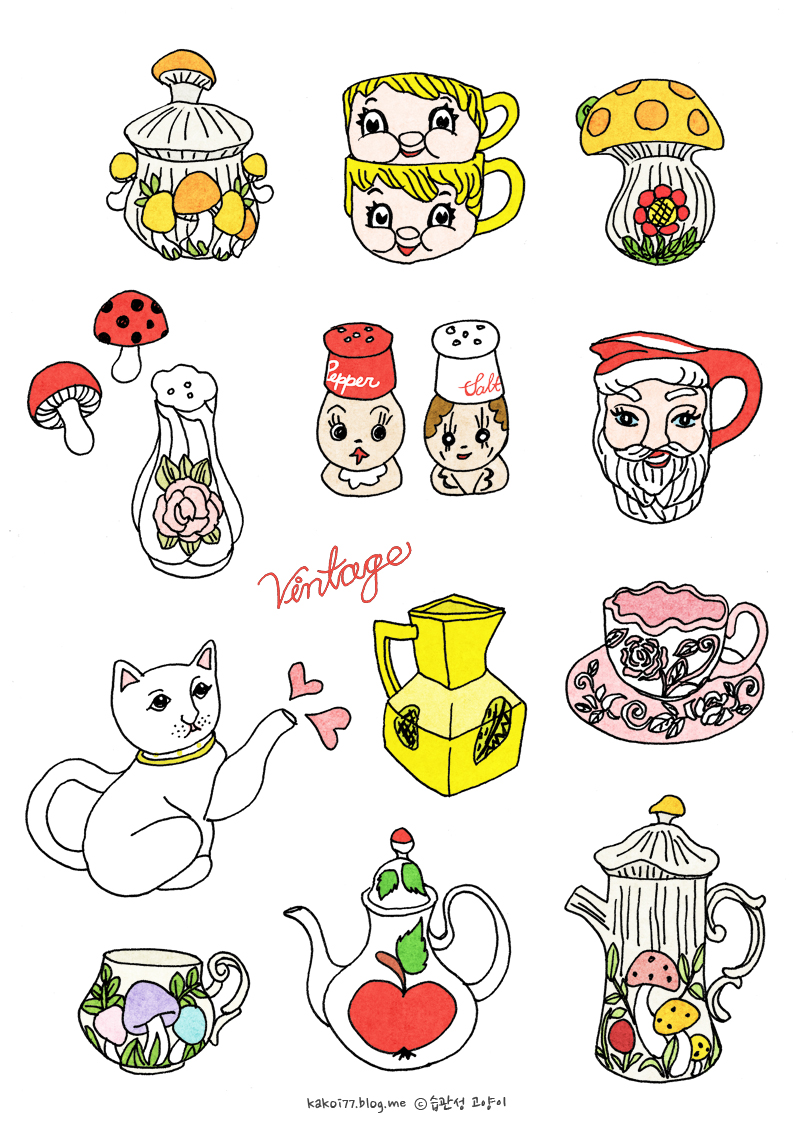 빈티지 그릇 손그림 일러스트 수제 스티커 And 색칠공부 프린트 네이버 블로그